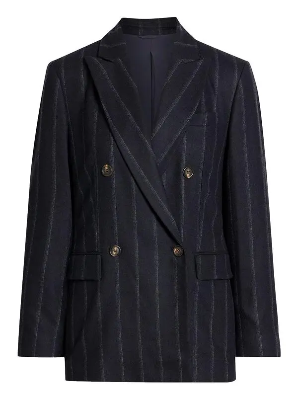 Brunello Cucinelli Double-breasted Striped Wool-blend Blazer - Midnight Blue