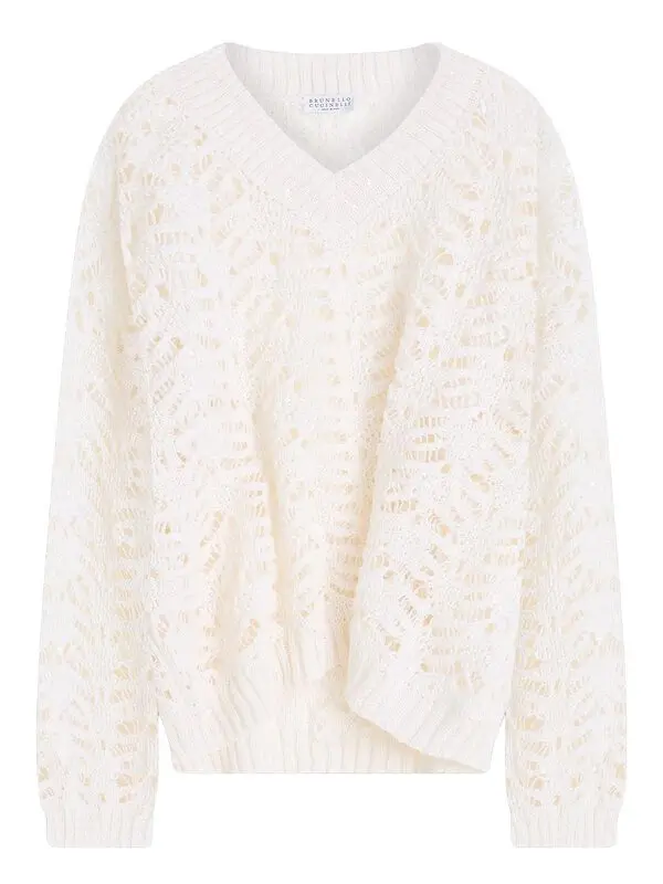Brunello Cucinelli Sequin-embellished Crochet-knit Linen-blend Sweater - Ivory