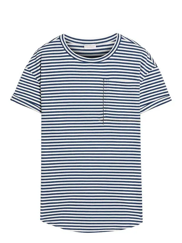 Brunello Cucinelli Striped Cotton-jersey T-shirt With Bead Embellishments - Navy