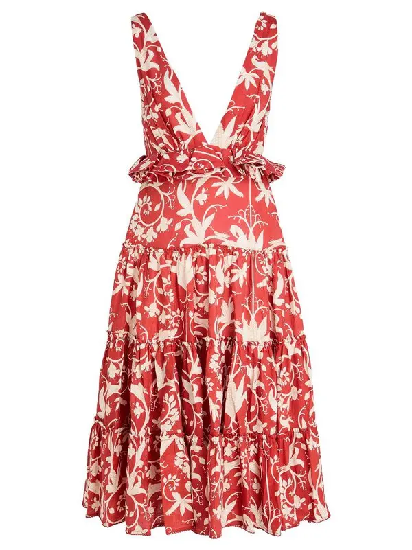 Agua Bendita Lago Maiz Tiered Floral-print Linen Midi Dress - Brick