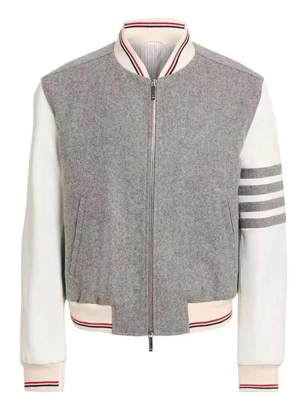 Thom Browne Striped Leather And Wool Bomber Jacket - Gray