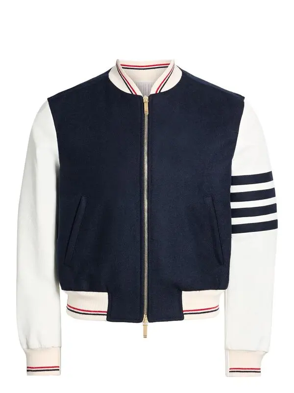 Thom Browne Striped Leather And Wool-felt Bomber Jacket - Navy