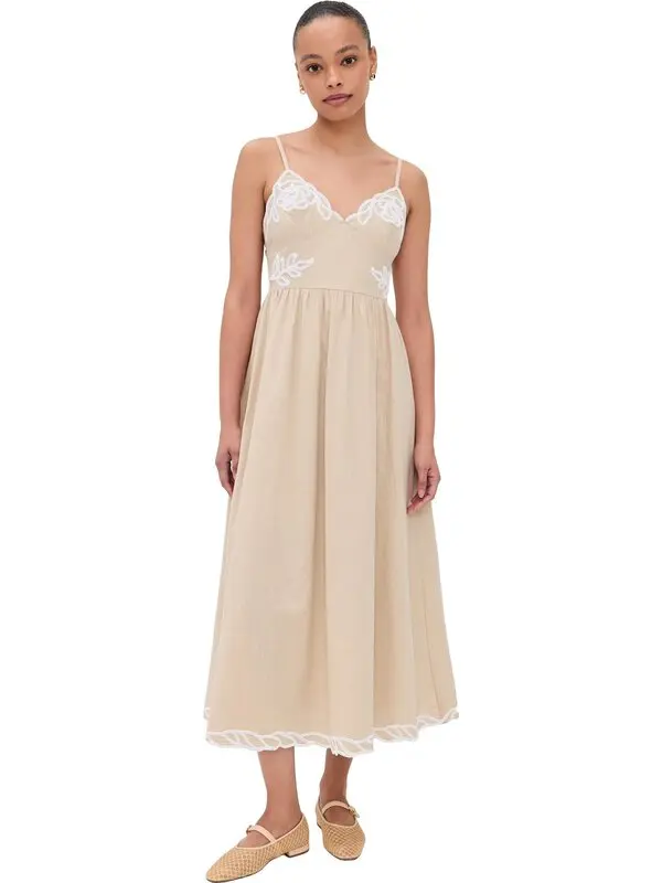 Moon River Spaghetti Strap Embo Artwork Midi Dress - Taupe