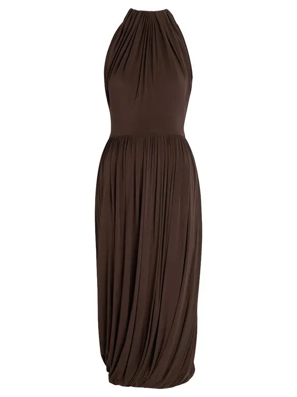 Alaïa Sculpting Ruched Wool Midi Dress - Dark Brown