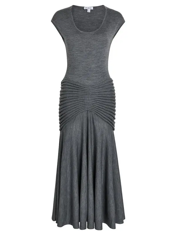 Alaïa Sculpting Ruched Wool Midi Dress - Grey