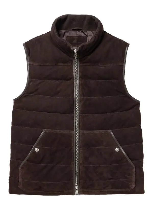 Mr P. Leather-trimmed Padded Quilted Suede Gilet - Brown