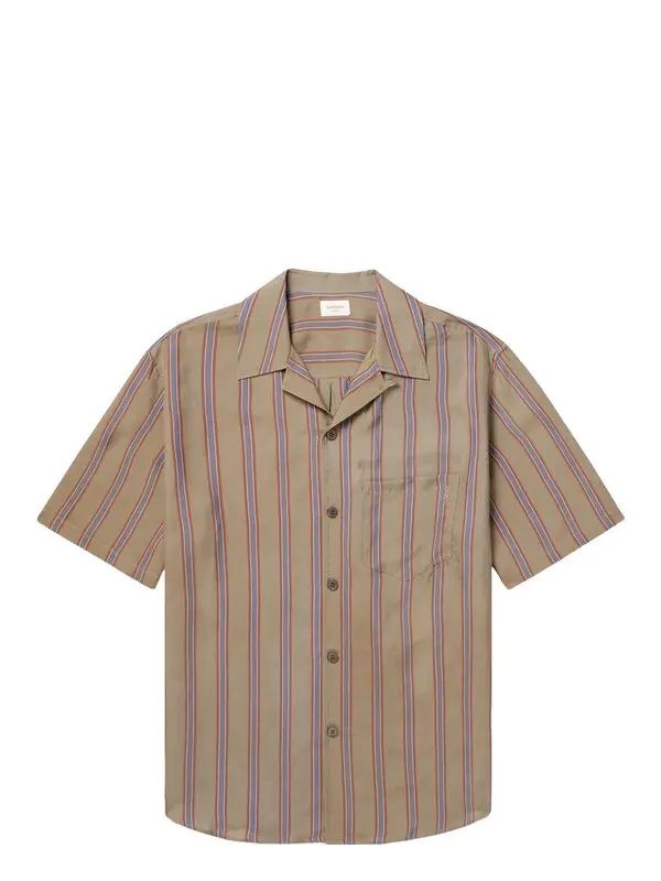 Saint Laurent Camp-collar Logo-embroidered Striped Twill Shirt - Brown