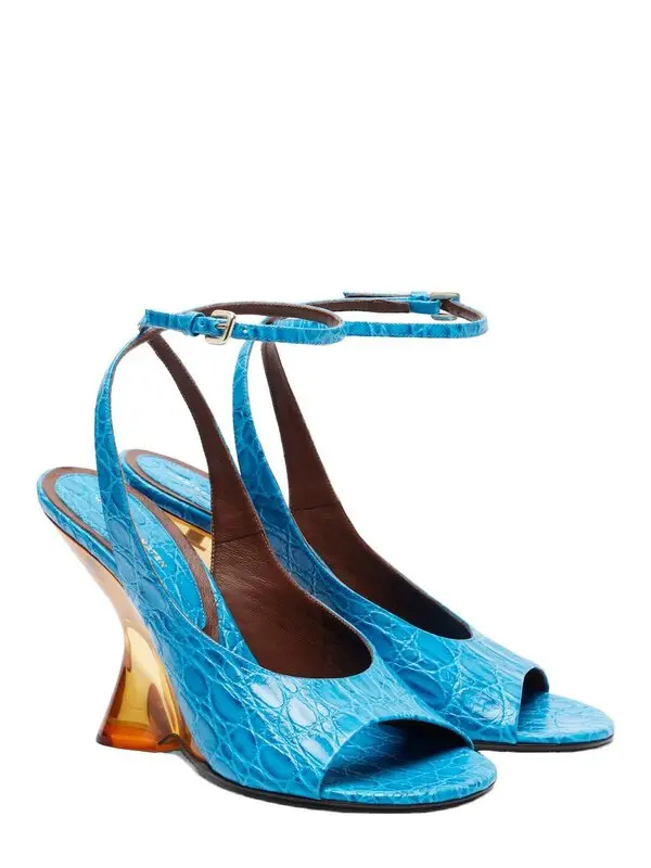 Dries Van Noten Croc-effect Leather Wedge Sandals - Blue