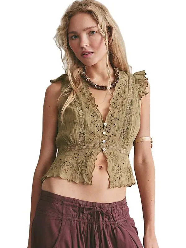 Free People Embroidered Peplum Top - Aloe