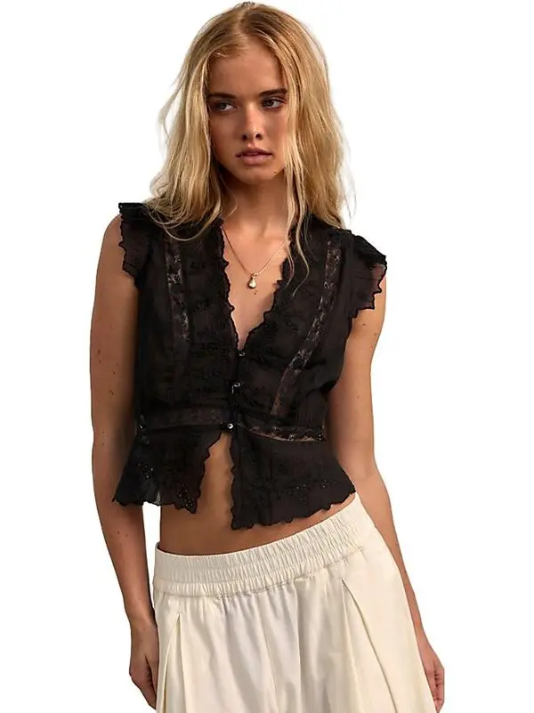 Free People Daydreamer Embroidered Peplum Top - Black