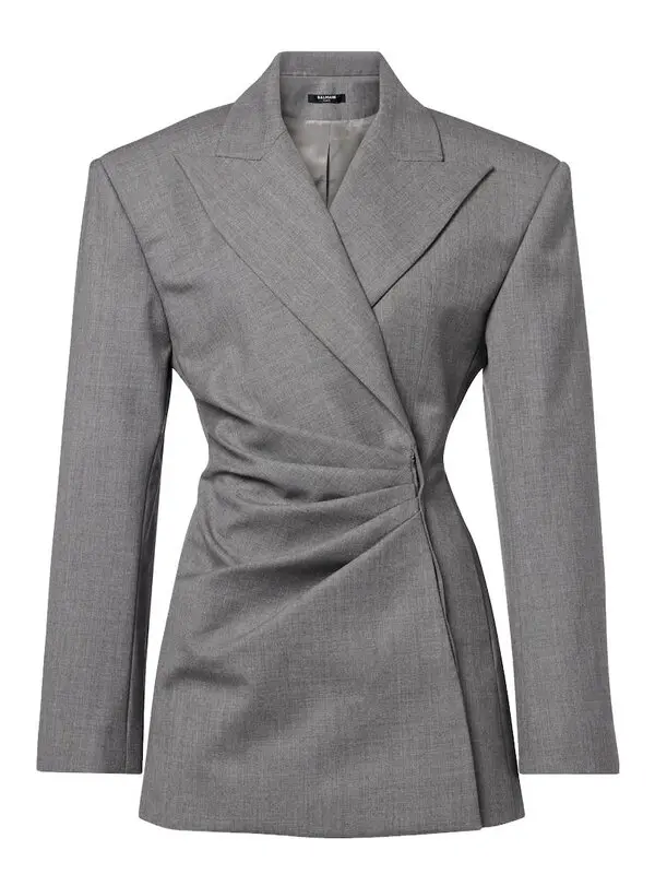 Balmain Draped Virgin Wool Blazer Dress - Grey