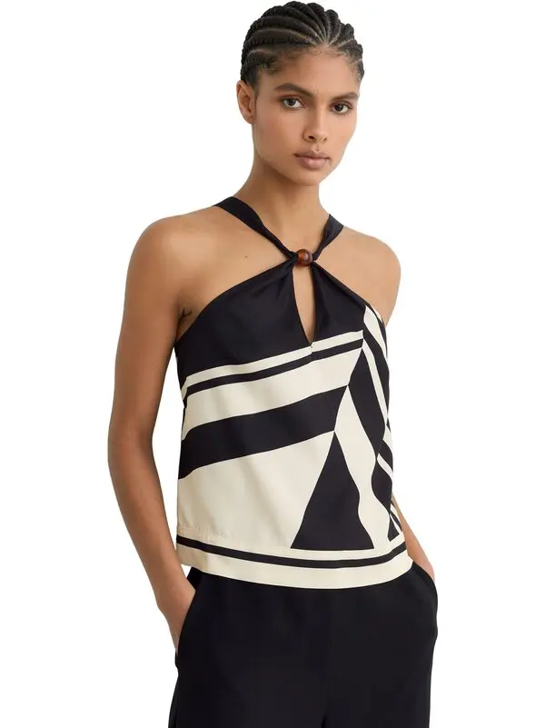 REISS Caris Scarf-print Tie-back Top - Black/white