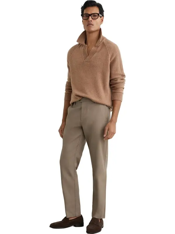 REISS Dobby Cotton Pique Chino Trousers - Walnut Brown