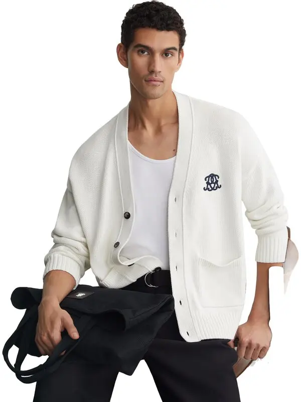 REISS Monogram-embroidered Relaxed Cardigan - Off White