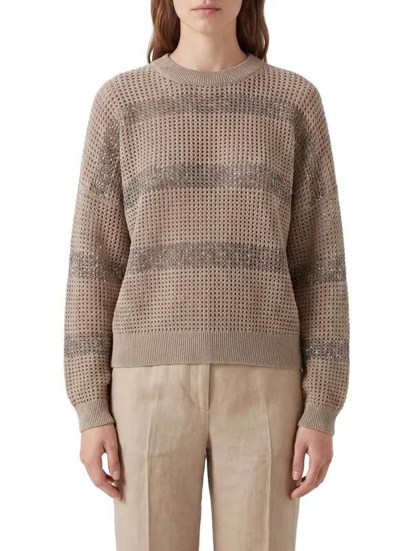 Brunello Cucinelli Striped Mesh Knit Sweater - Grey