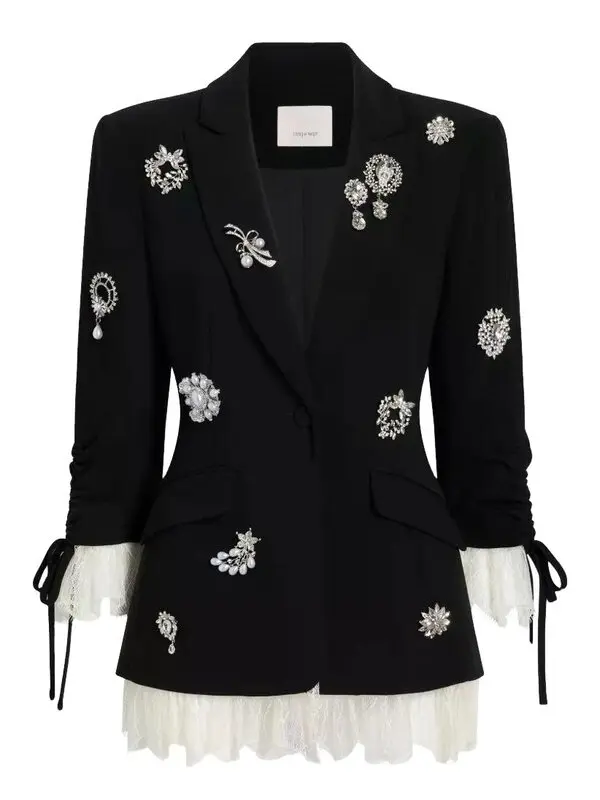 Cinq À Sept Crystal Brooch Embellished Blazer - Black