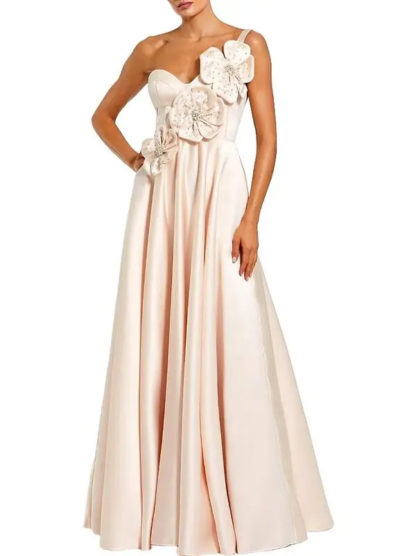 Mac Duggal Strapless Satin Bustier Gown With 3d Floral Appliqués - Oyster