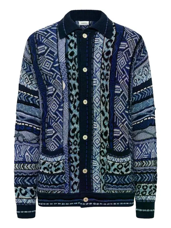 LANEUS Patterned Polo Cardigan - Blue