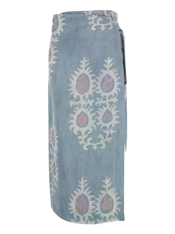BAZAR DELUXE Floral Print Tie Linen Skirt - Blue