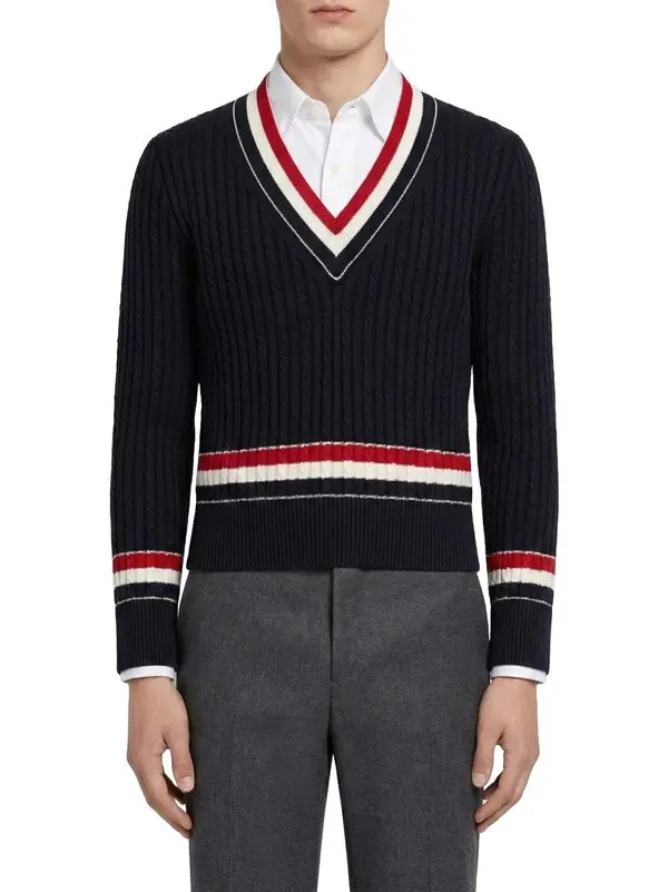Thom Browne Cotton V-neck Jumper - Navy