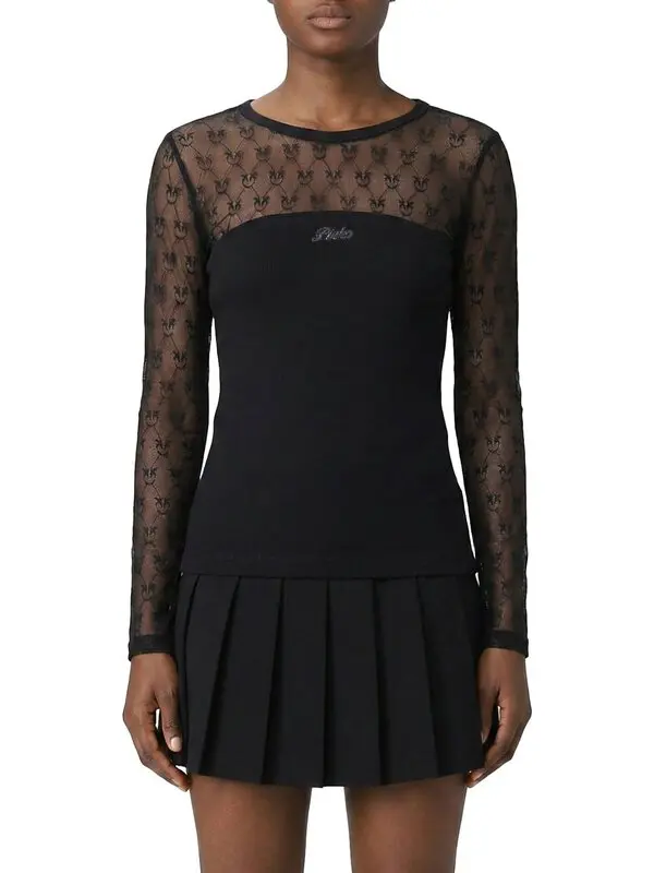 Pinko Long-sleeve T-shirt With All-over Logo Tulle Inserts - Black