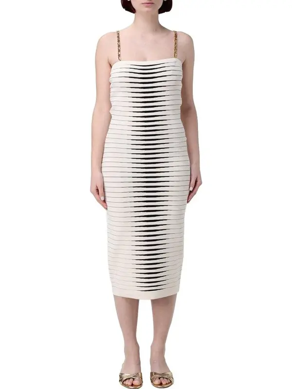 Elisabetta Franchi Striped Midi Dress With Chain Straps - Butter
