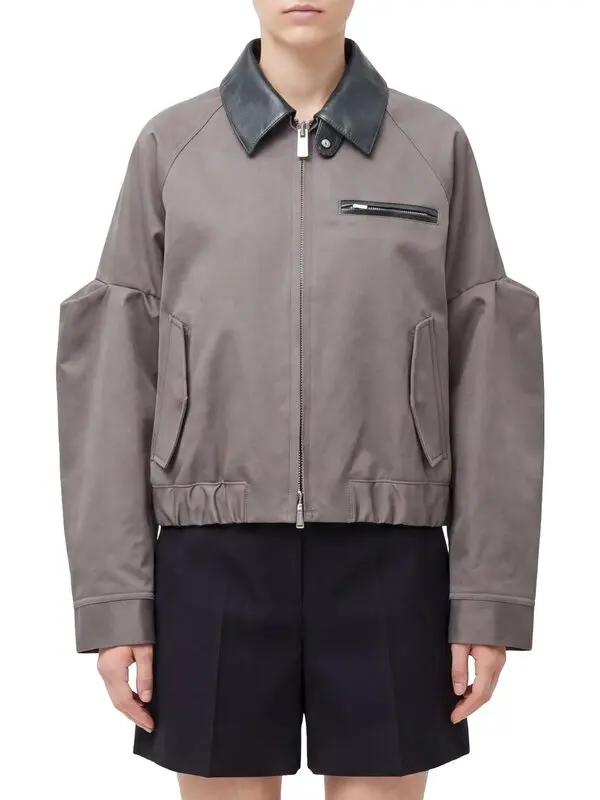 Sacai Short Cotton Shirt Jacket With Leather Collar - Grey