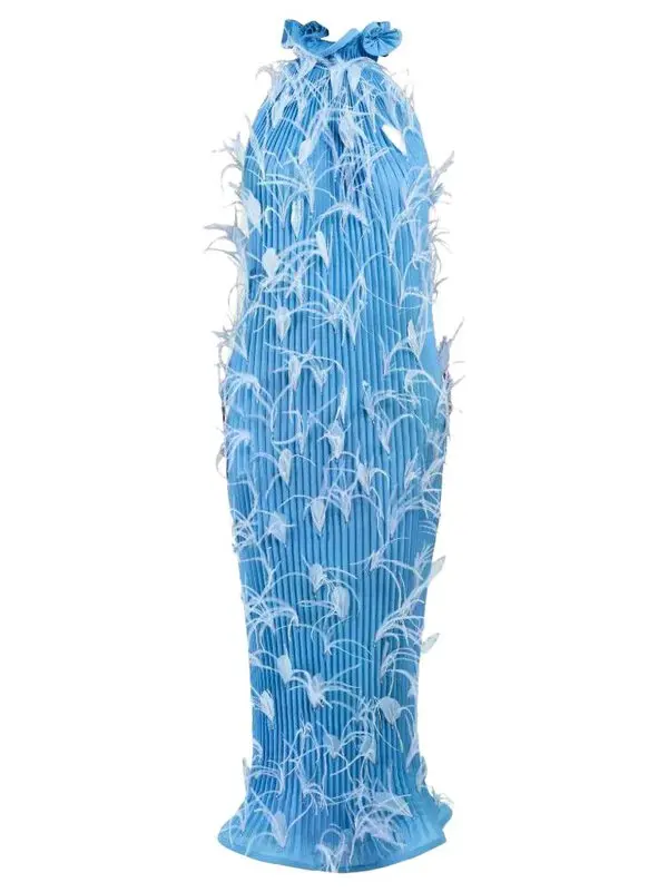 ROWEN ROSE Feathered Pleated Maxi Dress - Blue