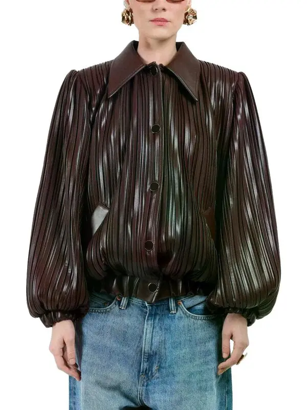 ROWEN ROSE Pleated Short Bomber Jacket - Brown