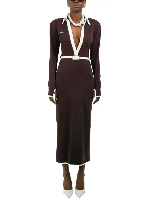 ROWEN ROSE Long-sleeved Maxi Dress With Belt - Brown