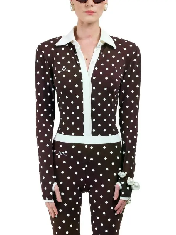 ROWEN ROSE Polka-dots Long-sleeves Polo - Brown