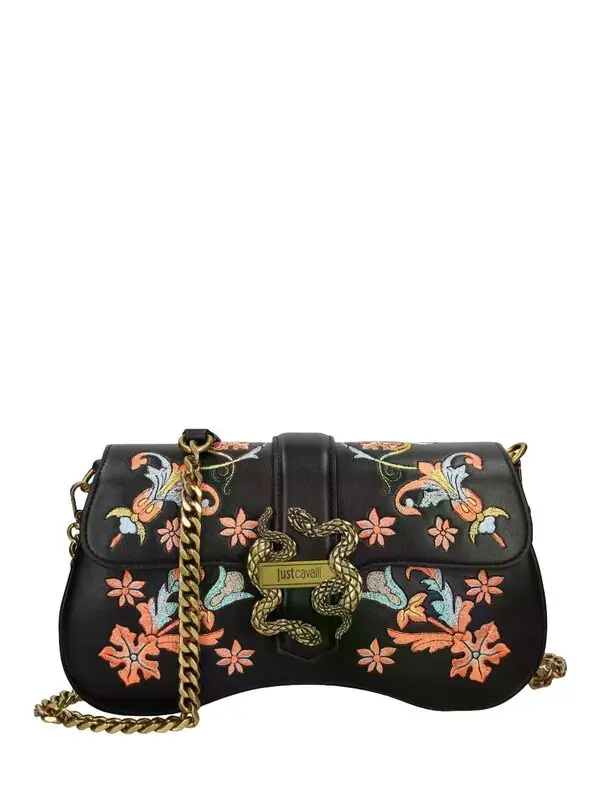 Just Cavalli Floral-embroidered Bag With Snake Detail - Black