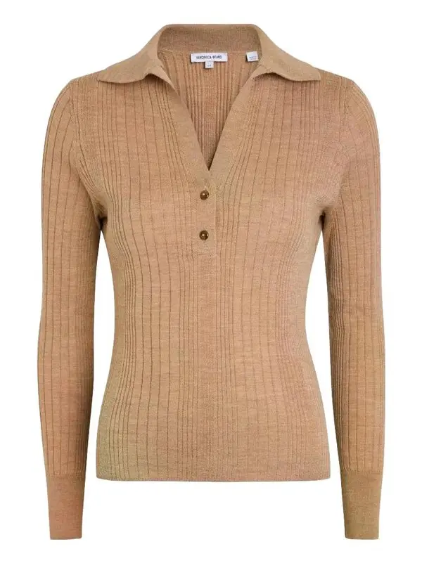 Veronica Beard Ribbed Polo Top - Brown