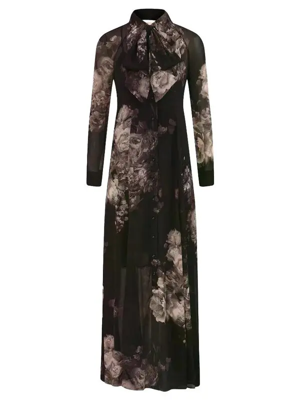 Zimmermann Hypnotic Floral Bow Maxi Shirt Dress - Black