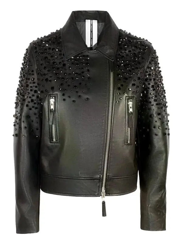 SWORD 6644 Leather Biker Jacket With Decorative Appliqués - Black