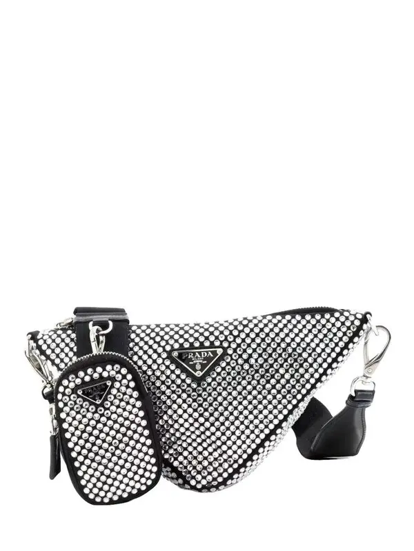 Prada Triangle Logo Zip Crystal Embellished Satin Small Crossbody Bag - Black