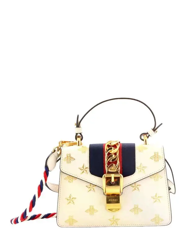 Gucci Sylvie Top Handle Mini Shoulder Bag Printed Leather - White