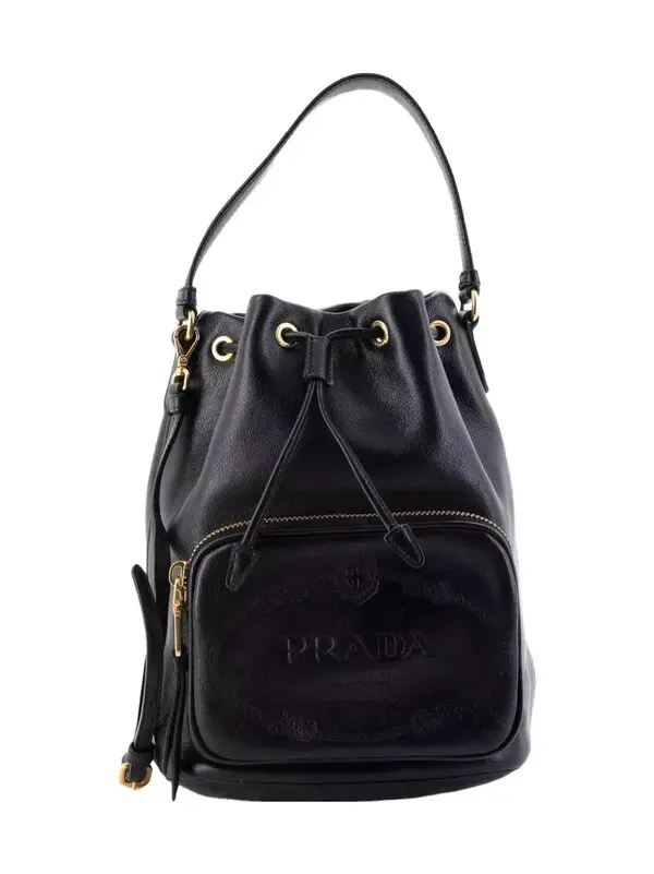 Prada Logo Drawstring Glace Calf Small Bucket Bag - Black