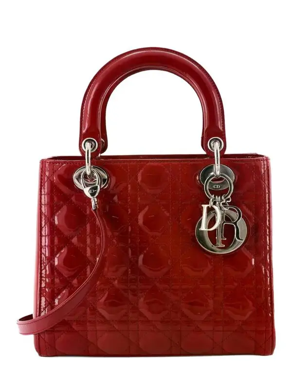 Dior Lady Medium Satchel Cannage Quilt Patent - Red