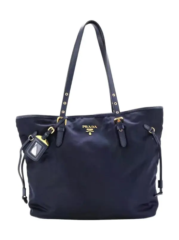 Prada Belted Tessuto And Leather Medium Tote Bag - Blue