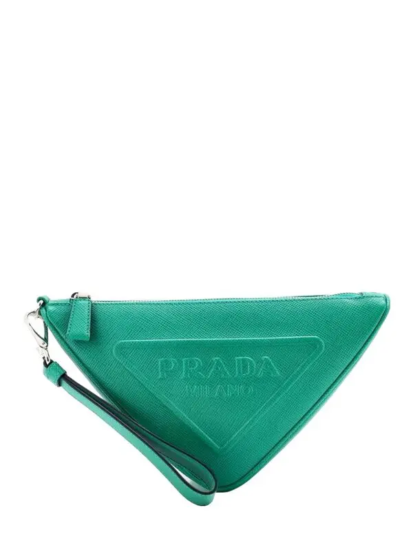 Prada Triangle Logo Saffiano Leather Wristlet Pouch - Green