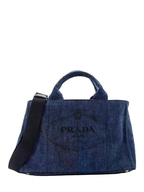 Prada Canapa Convertible Denim Medium Tote Bag - Blue