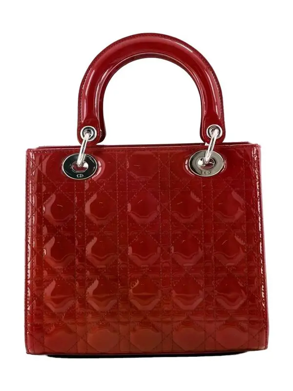 Dior Lady Nm Medium Satchel Cannage Quilt Patent - Red