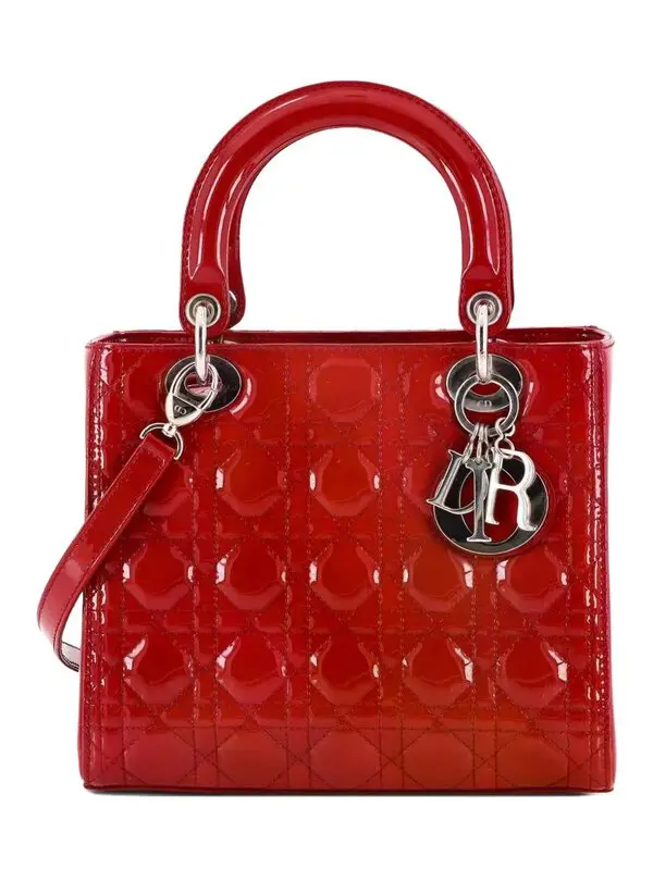 Dior Lady Bag Cannage Quilt Patent Medium Satchel - Red