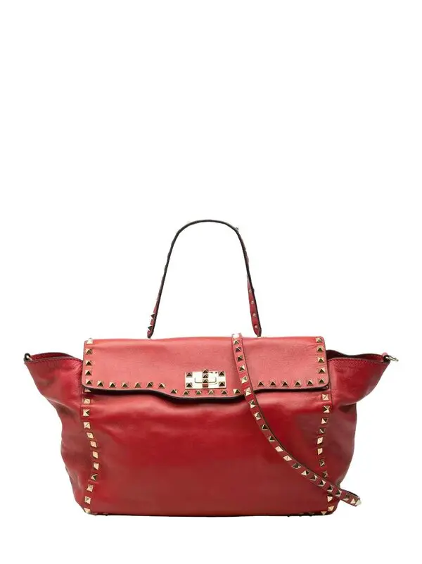 Valentino Garavani 2000-2025 Medium Leather Rockstud Trapeze Flap Satchel - Red