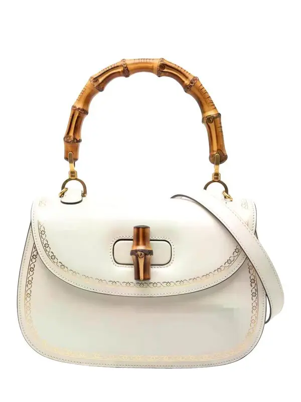 Gucci Calfskin Frame Print Bamboo Top Handle Bag - White