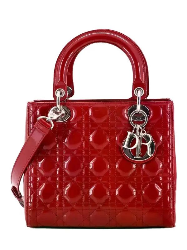 Dior Lady Medium Satchel Cannage Quilt Patent - Red