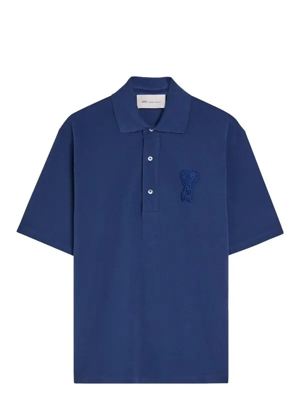 AMI Paris Logo-appliquéd Piqué Cotton Polo Shirt - Navy