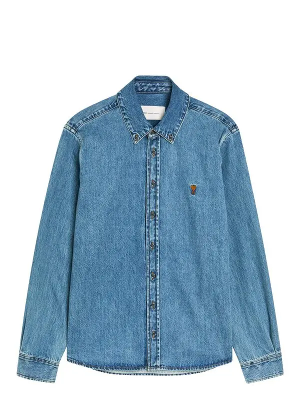 AMI Paris Logo-embroidered Denim Shirt - Blue