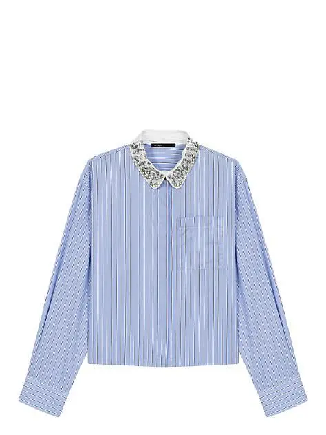 Maje Striped Cotton Shirt With Detachable Embellished Collar - Blue Sky